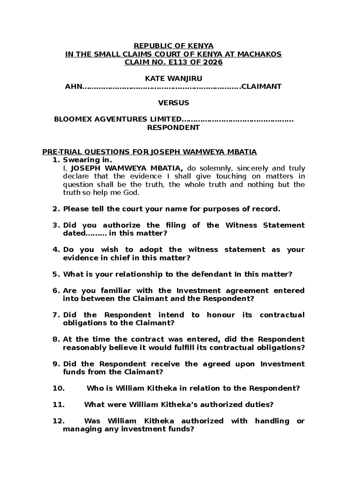 Pre-Trial Questions for Claim No. E113: Kate Wanjiru vs. Bloomex - Studocu