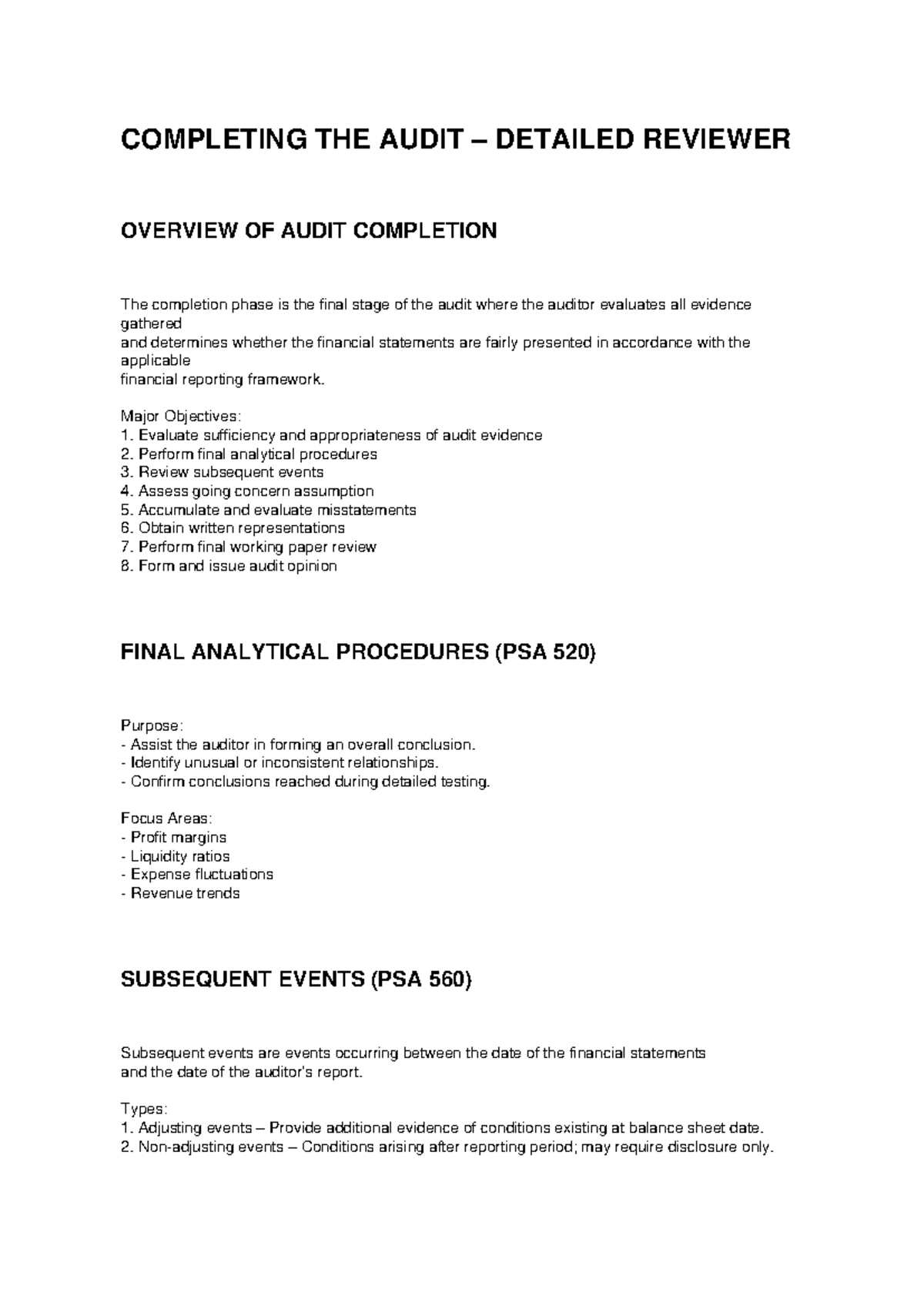COMPLETING THE AUDIT: DETAILED REVIEWER (PSA 520, 560, 570, 580, 450 ...