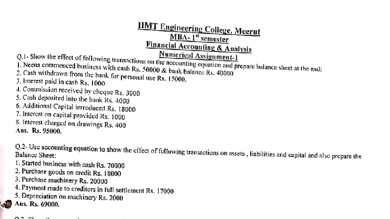 Financial Accounting Analysis IIMT: Numerical Assignment 1 - Studocu
