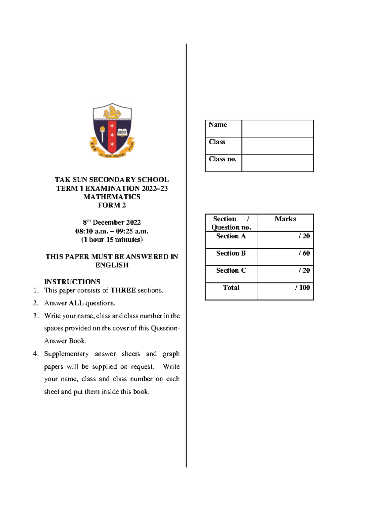 2223 F2 MATH Term 1 Exam Questions & Solutions - F2 Math - Studocu