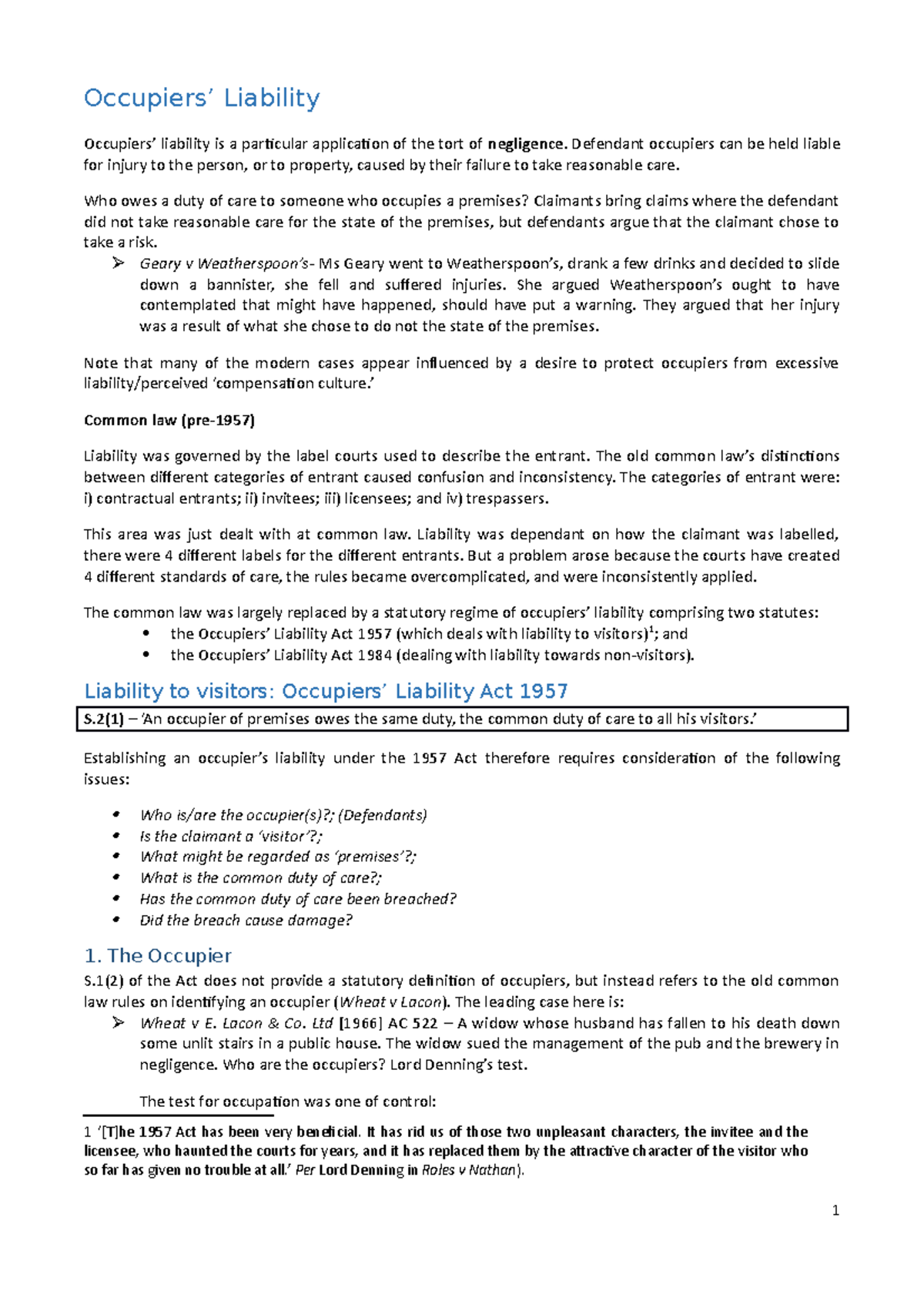 Occupiers Liability notes - Occupiers’ Liability Occupiers’ liability ...