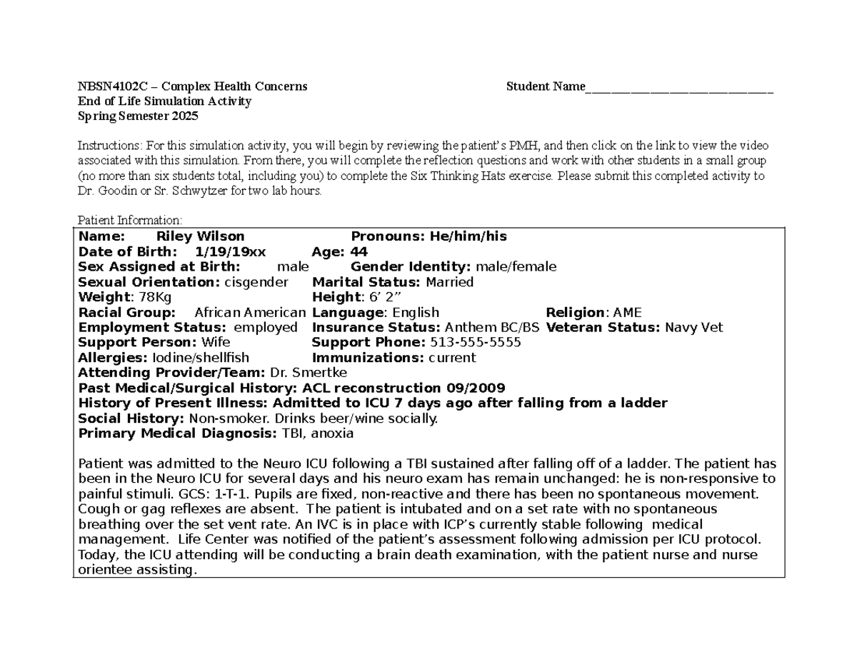 Brain Death Exam Simulation Activity - NBSN4102C – Complex Health ...