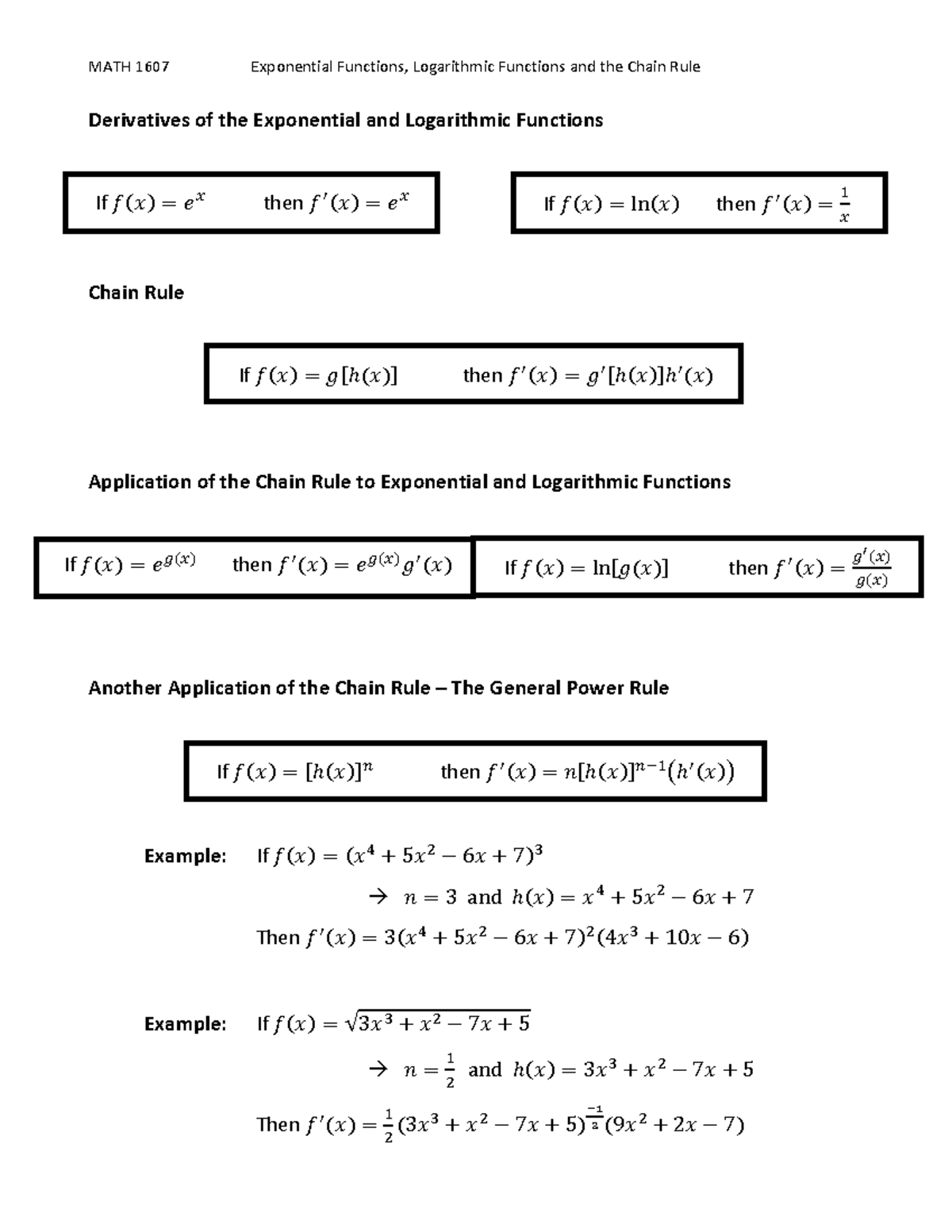 MATH 1607 Handout: Chain Rule & Derivatives of Exponential/Logarithmic ...