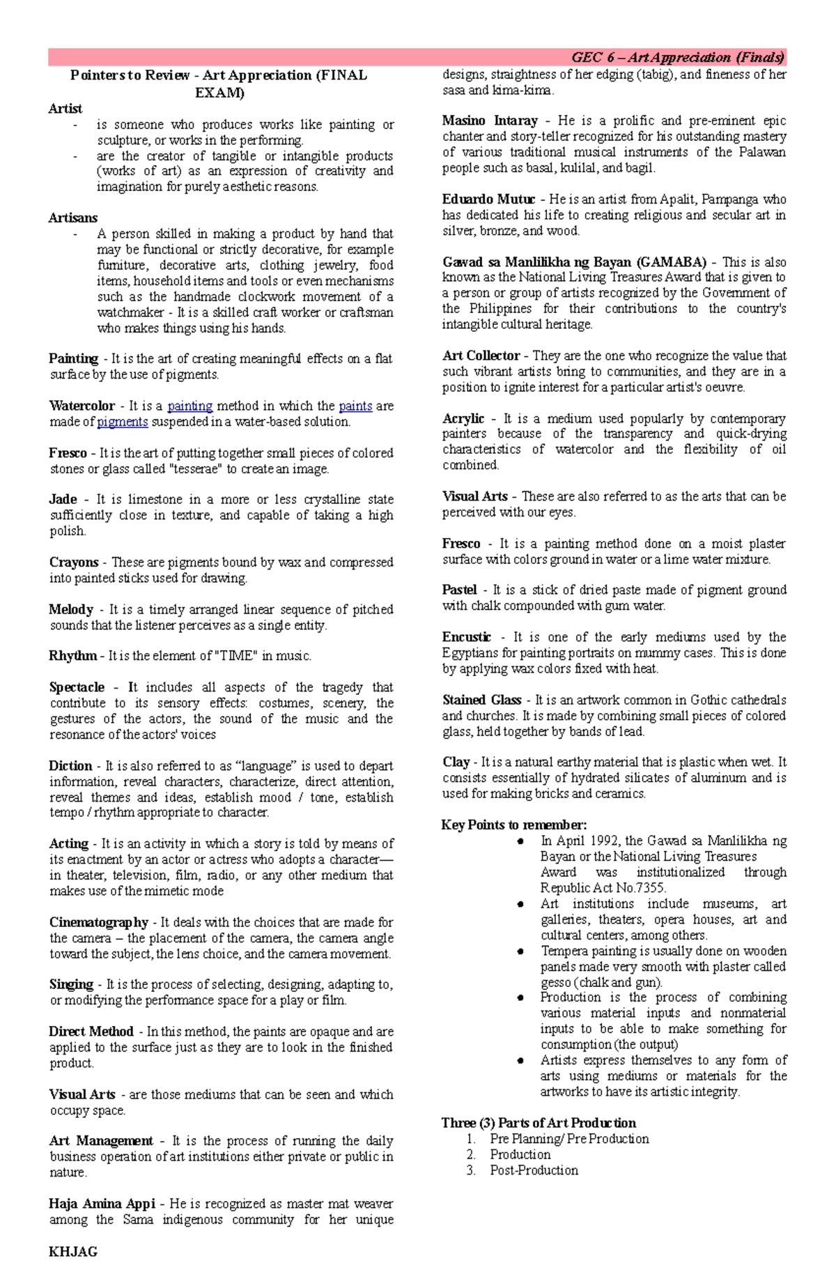 GEC 6 – Art Appreciation (Final Exam) Review Notes - Studocu