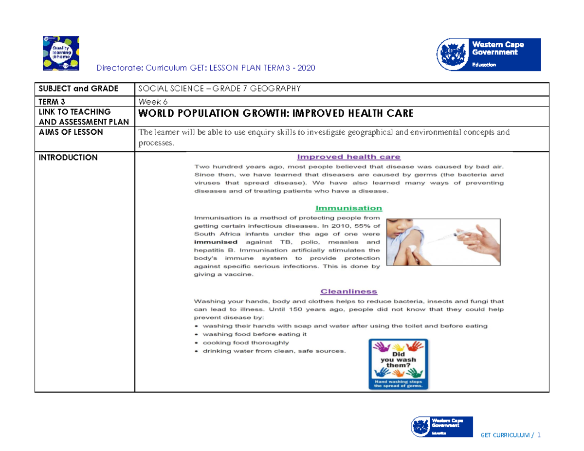 GET: Lesson Plan Grade 7 Geography Term 3 Week 6 - World Population ...