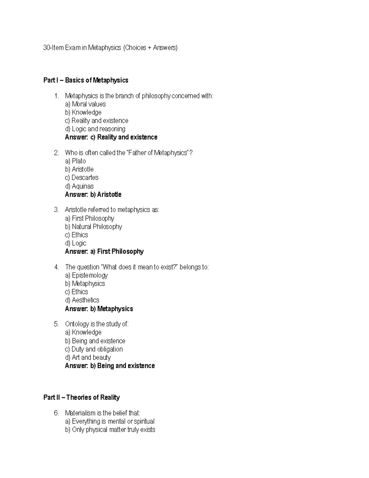 30-Item Quiz on Metaphysics (PHIL101) - Answer Key Included - Studocu