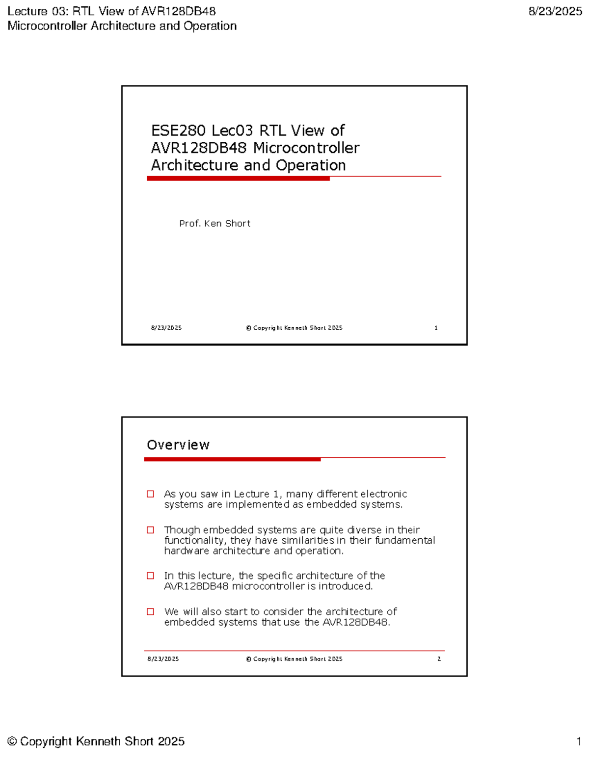 Lecture 03: RTL Analysis of AVR128DB48 Microcontroller Architecture ESE280 - Studocu