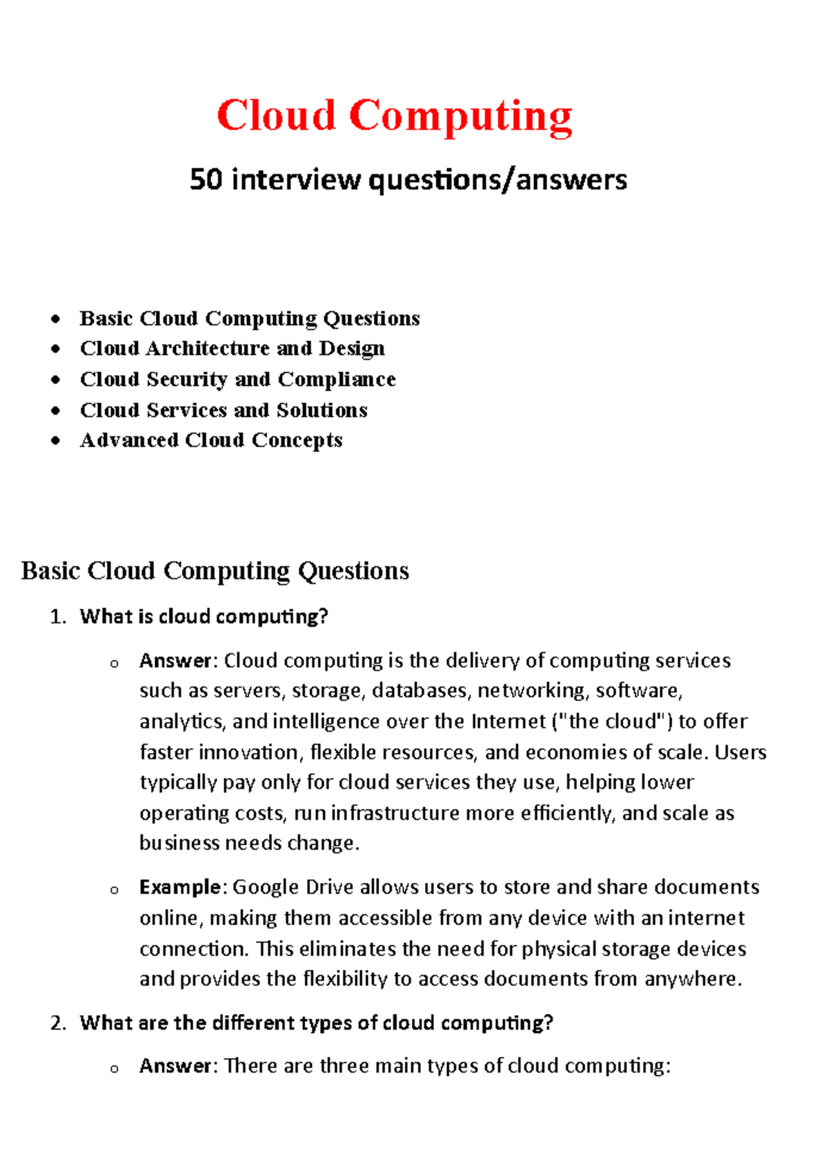 Cloud Computing Interview Questions: Basics to Advanced Concepts - Studocu