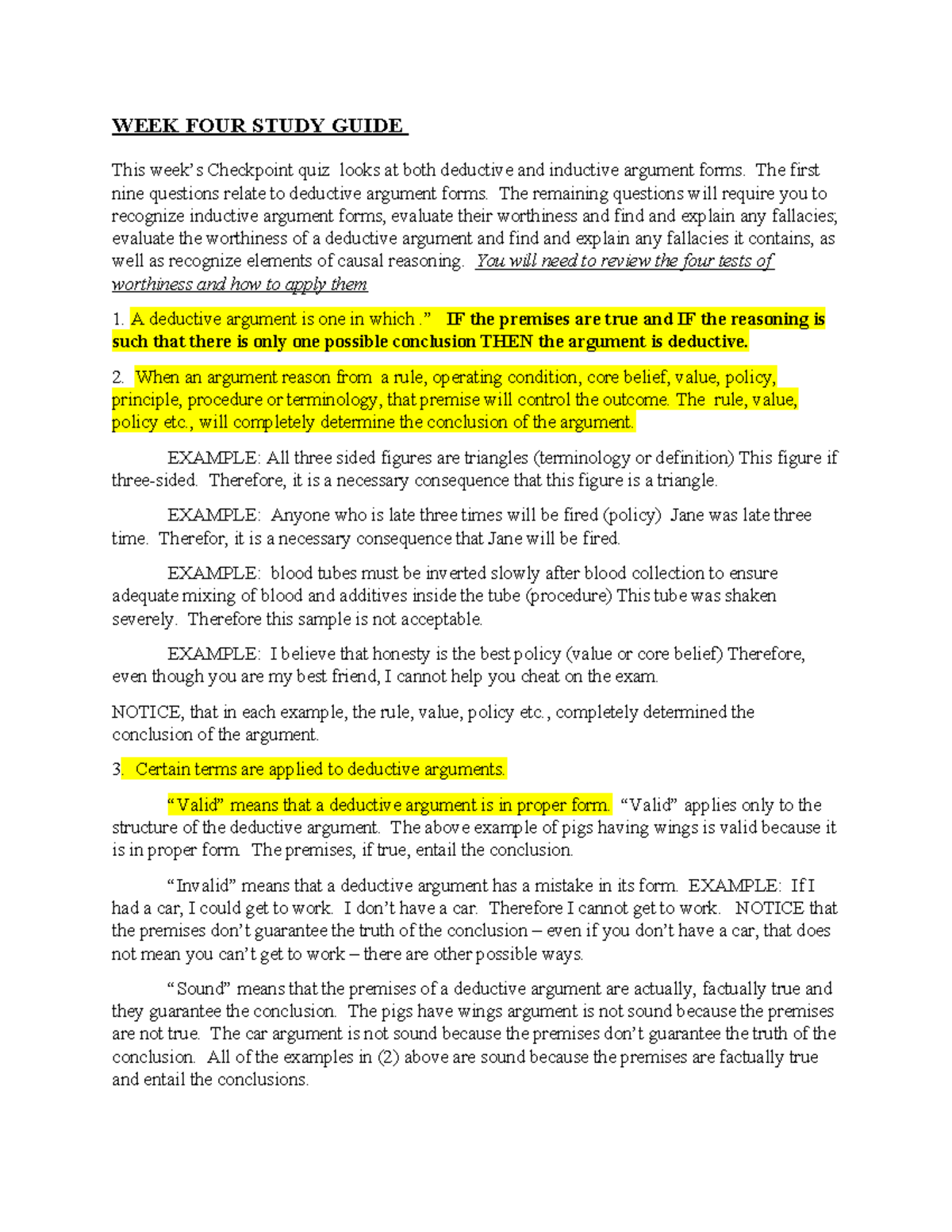PHIL 101: Week Four Study Guide on Deductive and Inductive Arguments ...