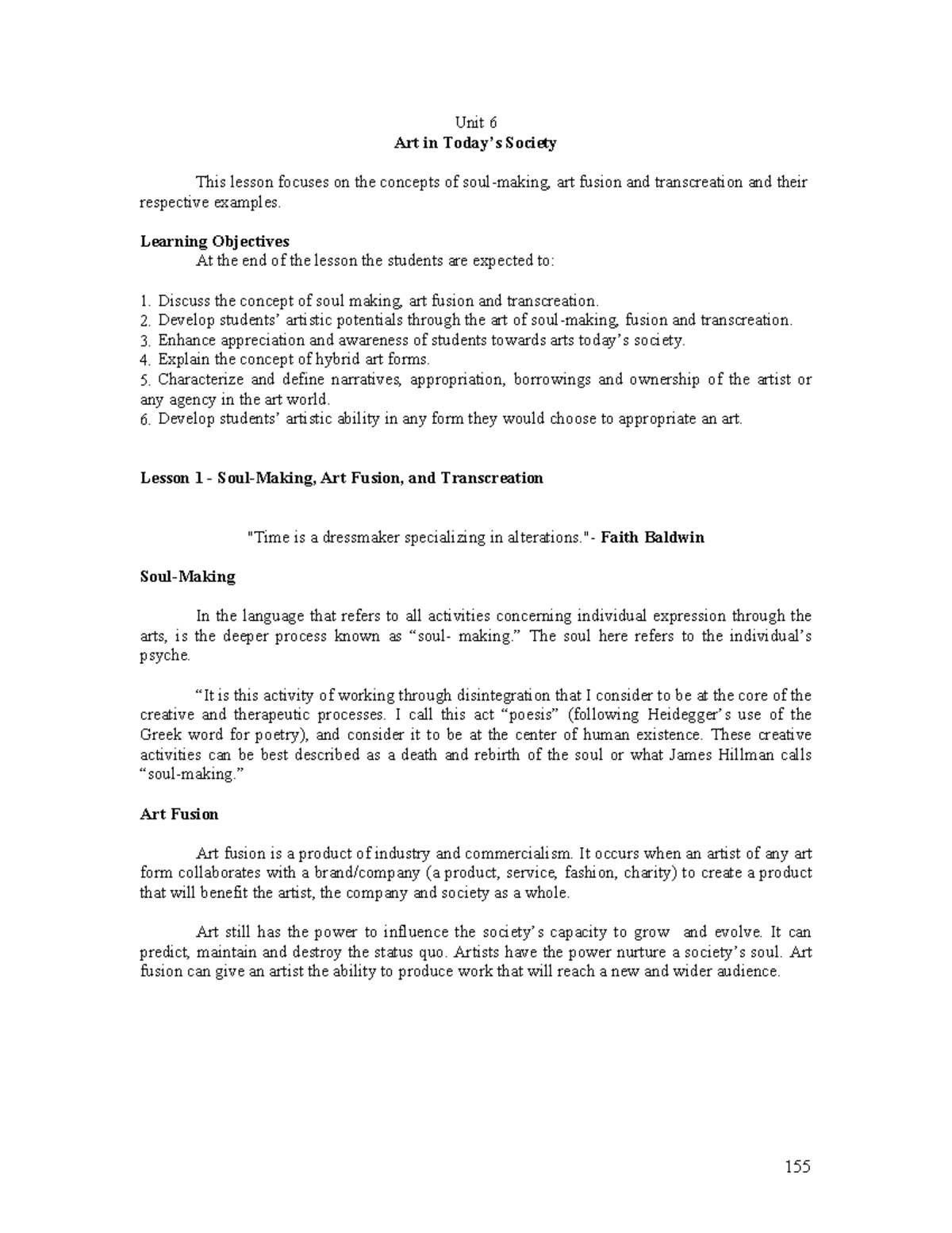 GEd 108 Chapter 6: Art in Today's Society - Soul-Making & Fusion - Studocu