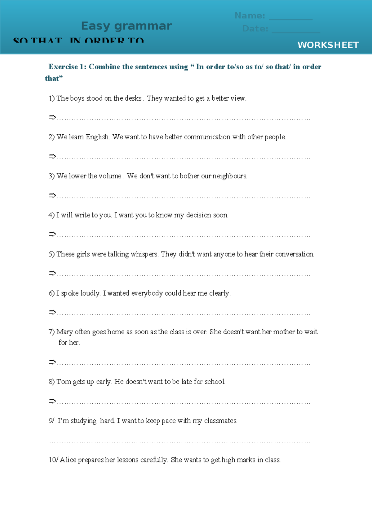 SO IN ORDER TO: Grammar Worksheet for Sentence Combination and Rewrite ...