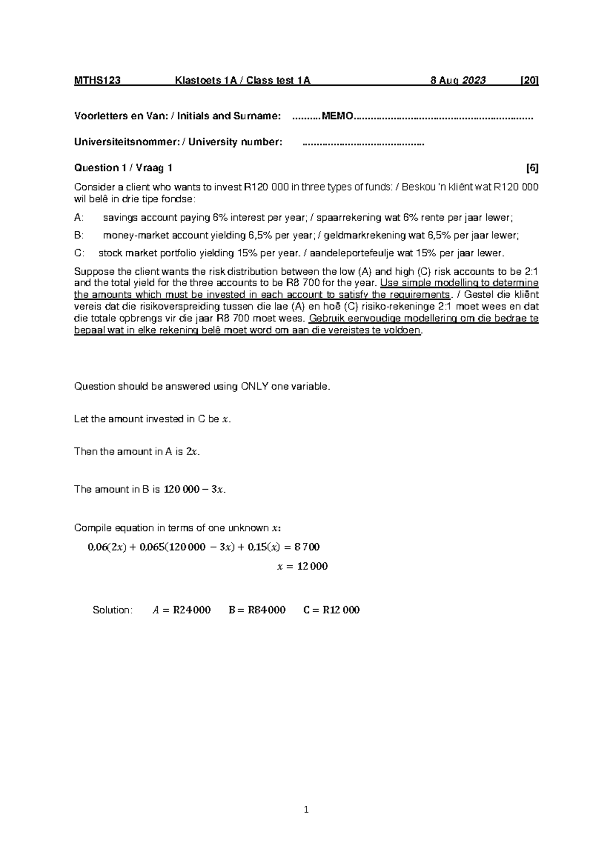 MTHS123 Klastoets 1A Memo - Class Test Solutions and Comments - Studocu