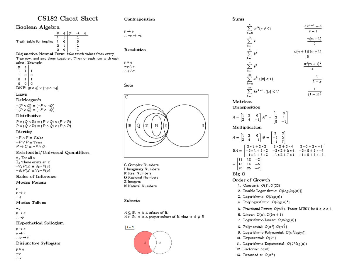 CS182 Midterm Cheat Sheet: Boolean Algebra, Inference & More - Studocu