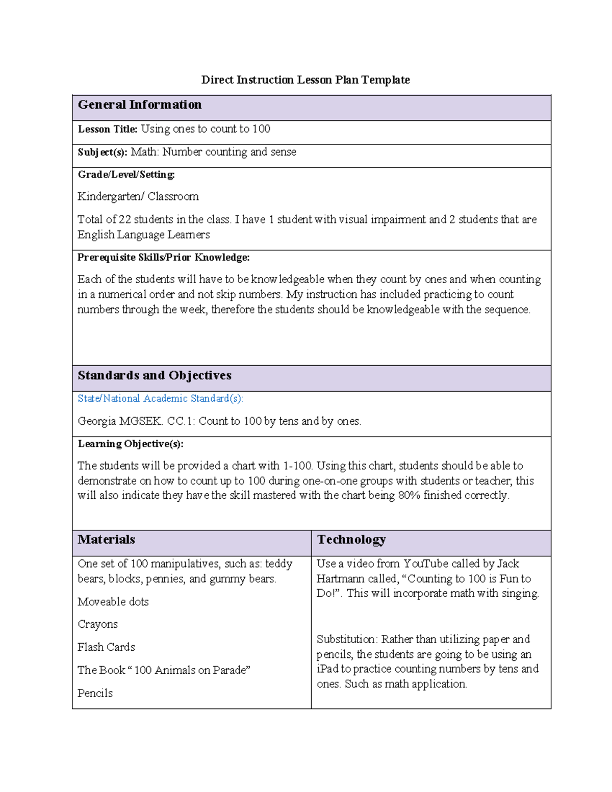 D091 - Final Exam Lesson Plan: Counting to 100 with Visual Supports ...