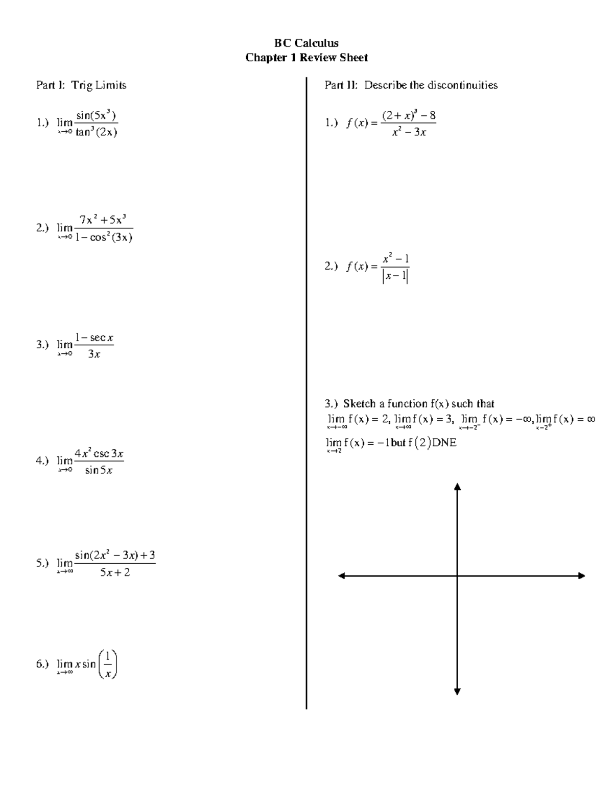 BC - Chapter 1 Review Sheet - BC Calculus Chapter 1 Review Sheet Part I ...