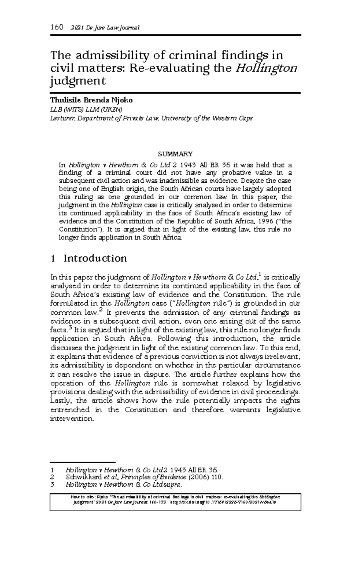 Re-evaluating the Hollington v Hewthorn Rule of Evidence: Impacts on ...
