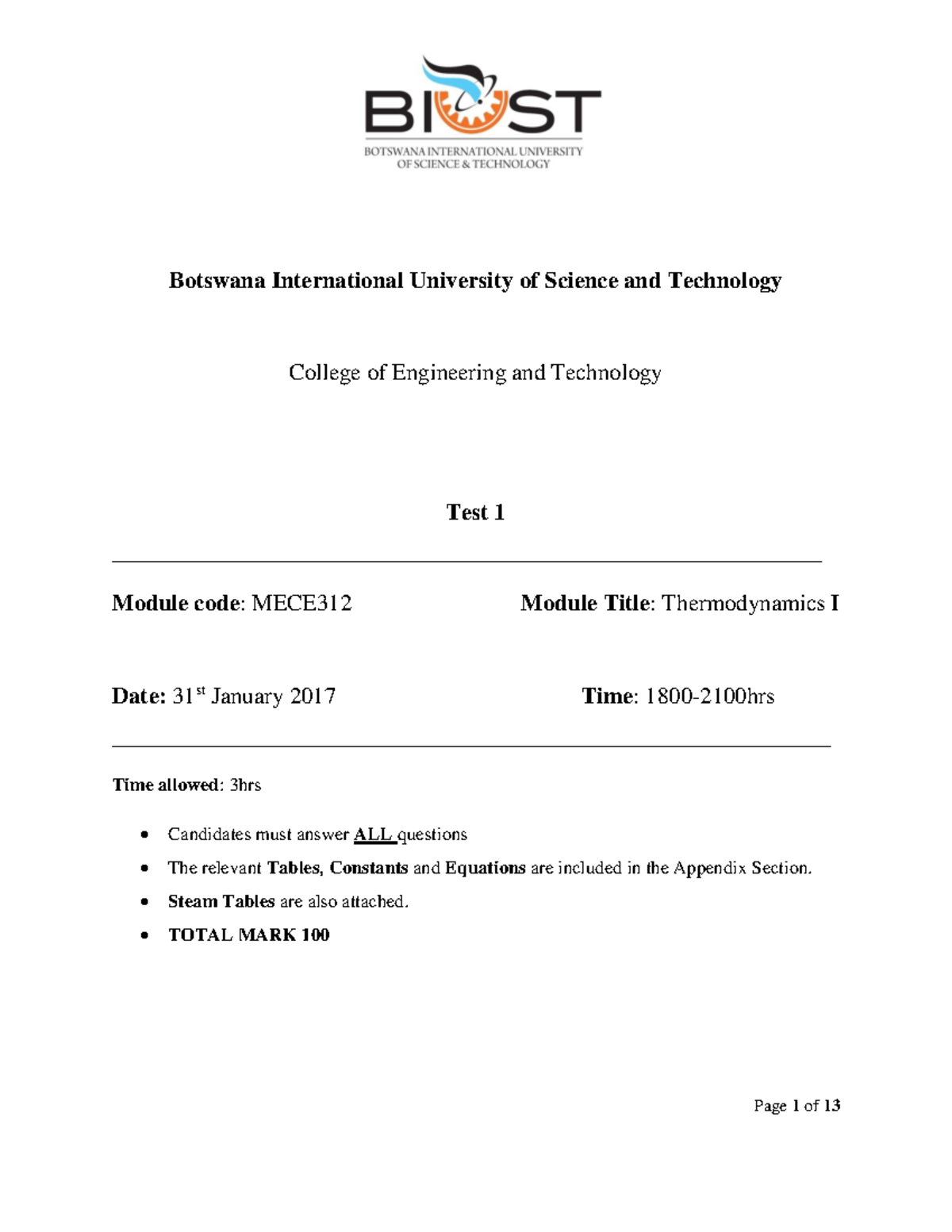 Solutions for Test 1 - MECE312 Thermodynamics I - Studocu