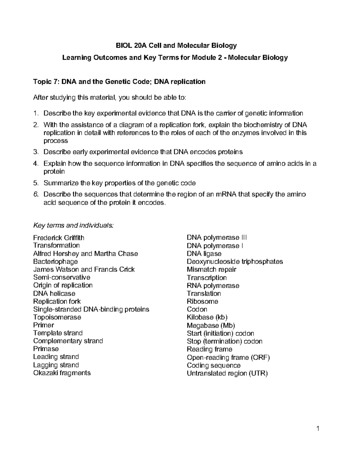 BIOL 20A Module 2: Molecular Biology Learning Outcomes - Studocu
