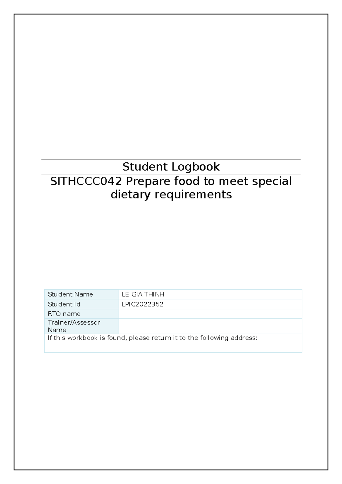 SITHCCC042 Student Logbook for Special Dietary Requirements - Studocu