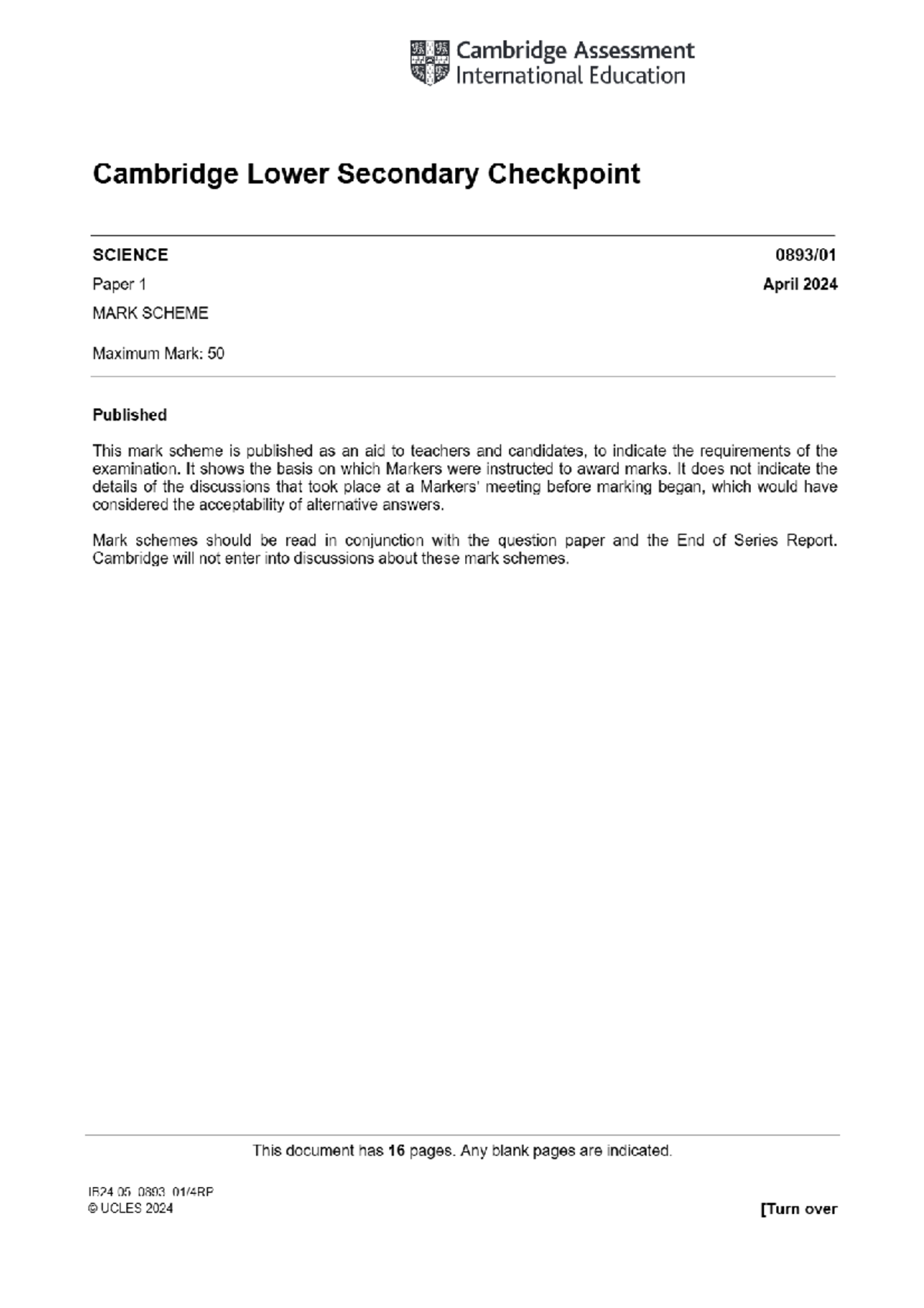 Cambridge Lower Secondary Checkpoint SCIENCE Mark Scheme April 2024 ...
