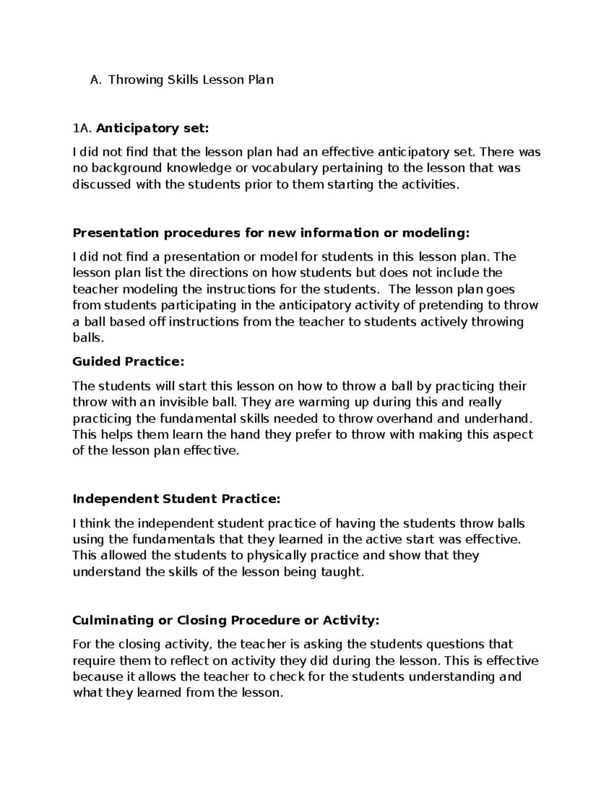 PE Methods 1A Lesson Plan: Teaching Throwing Skills Effectively - Studocu