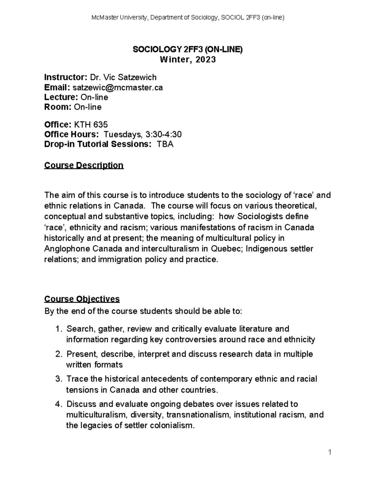 Sociol 2FF3: Winter 2023 Course Overview on Race and Ethnicity - Studocu