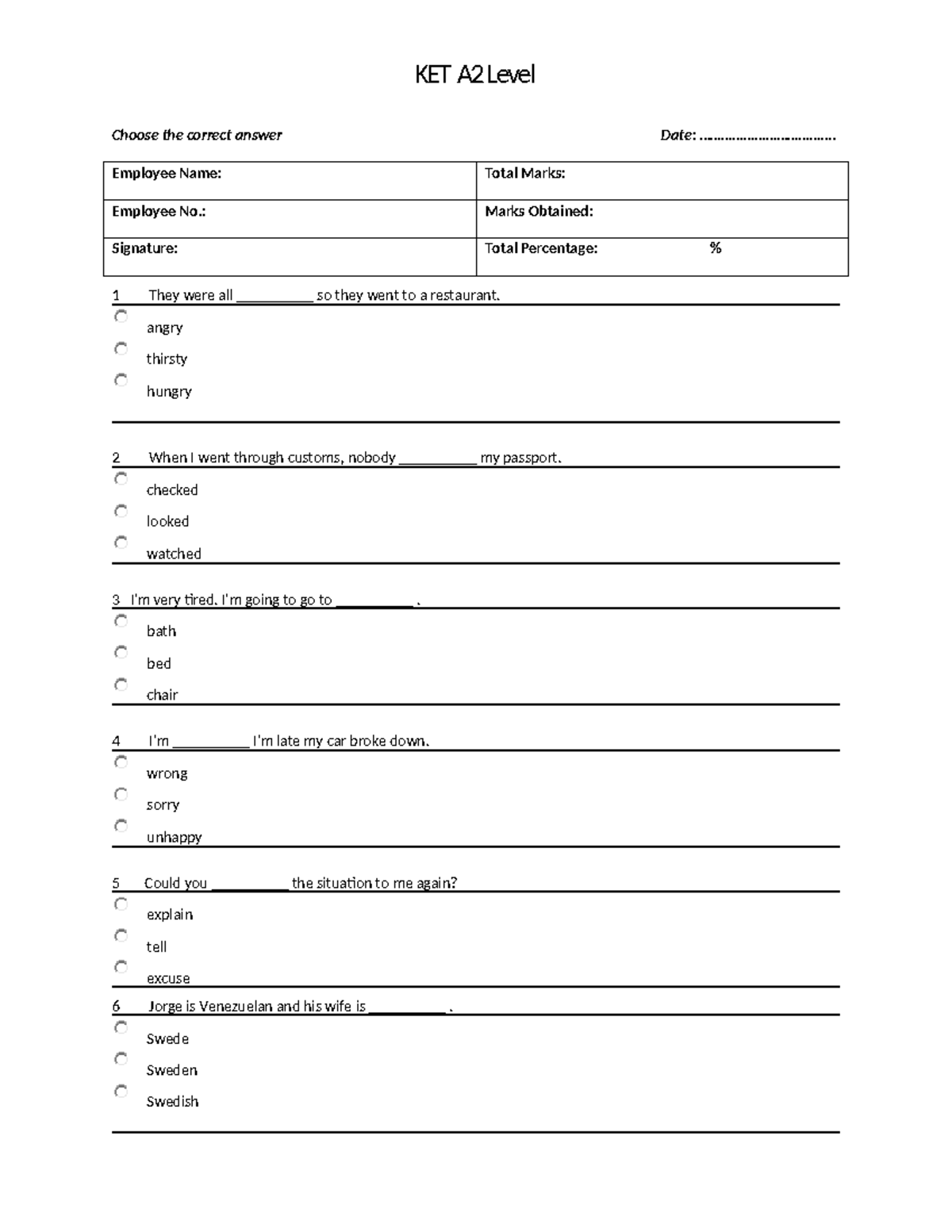 KET A2 Level Vocabulary Test: Choose the Correct Answer - Studocu