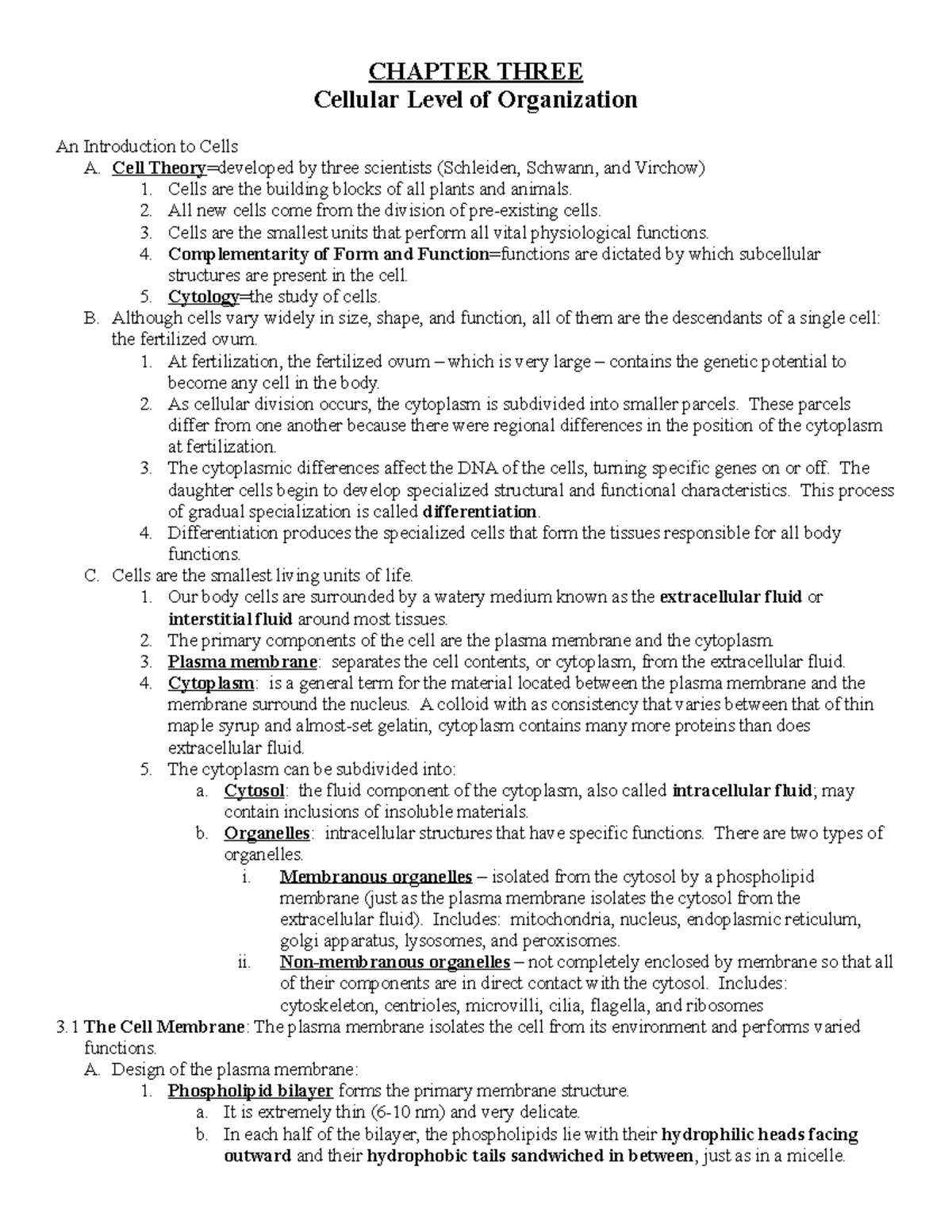 BIO 101 Chapter 3 Lecture: Cellular Organization & Function Guide - Studocu