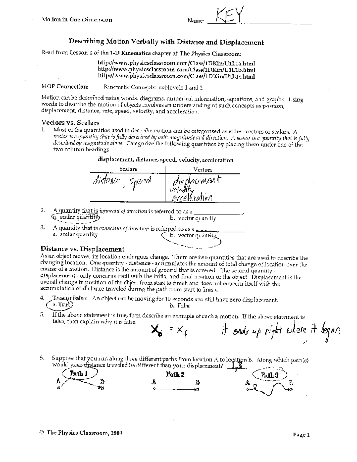 Unit 1 Kinematics Packet Answer Key: Motion in One Dimension - Studocu