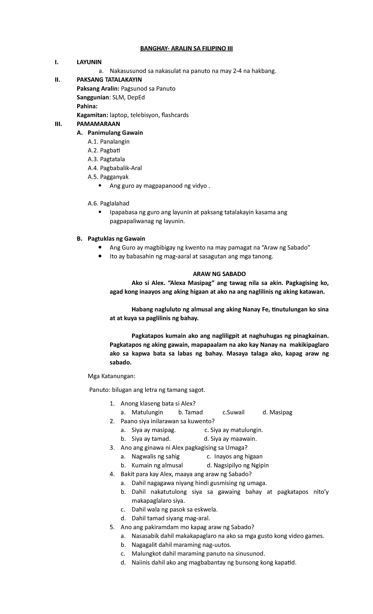 Lesson Plan for Filipino 3: Pagsunod sa Panuto Activities - Studocu