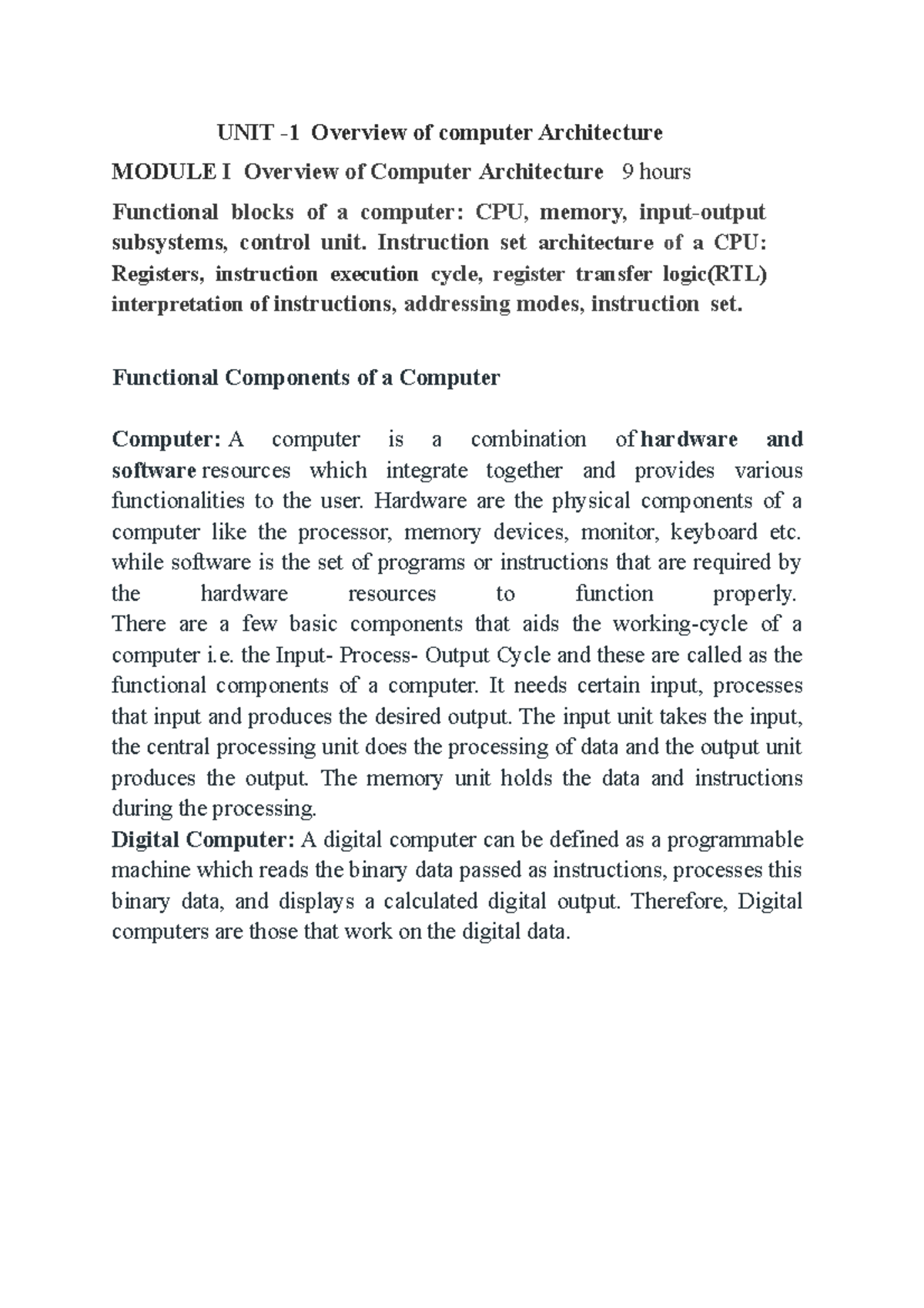 Module-I Notes on Computer Architecture Concepts (COMP101) - Studocu