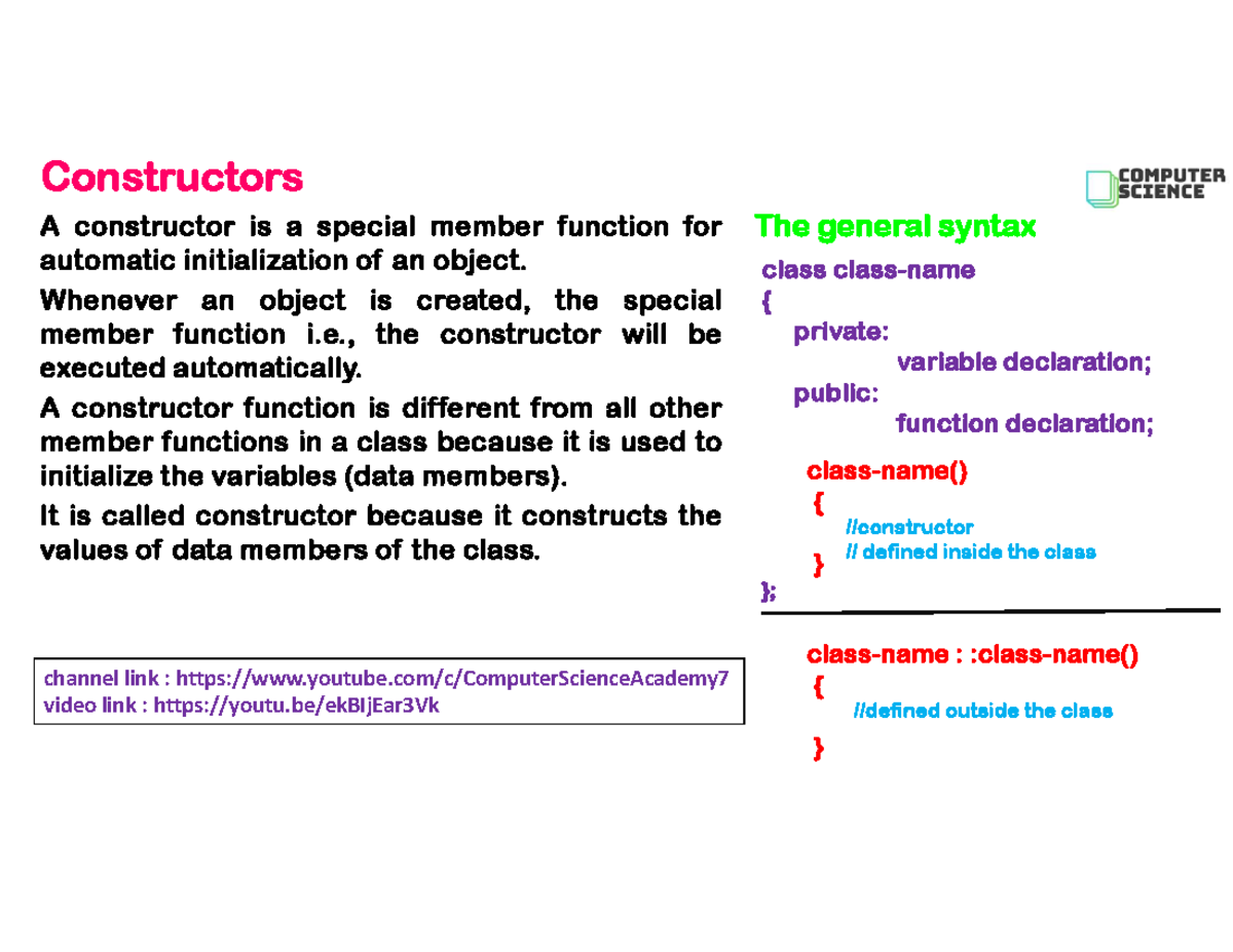 Constructor and Destructor Overview for CS101 - Studocu