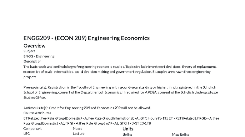 ENGG 209 Engineering Economics Course Outline and Overview - Studocu