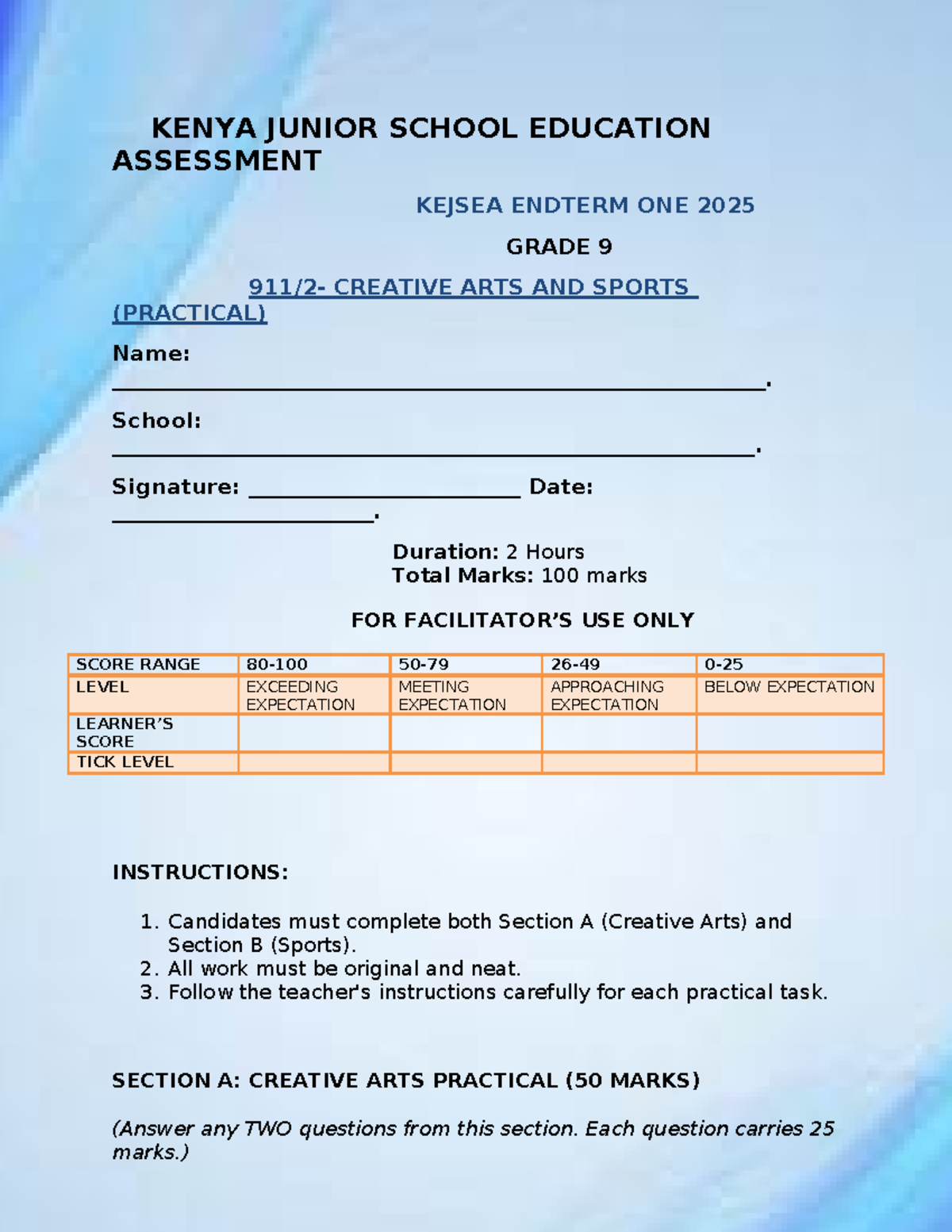 G9 KEJSEA Endterm One 2025 Creative Arts & Sports Practical Exam - Studocu