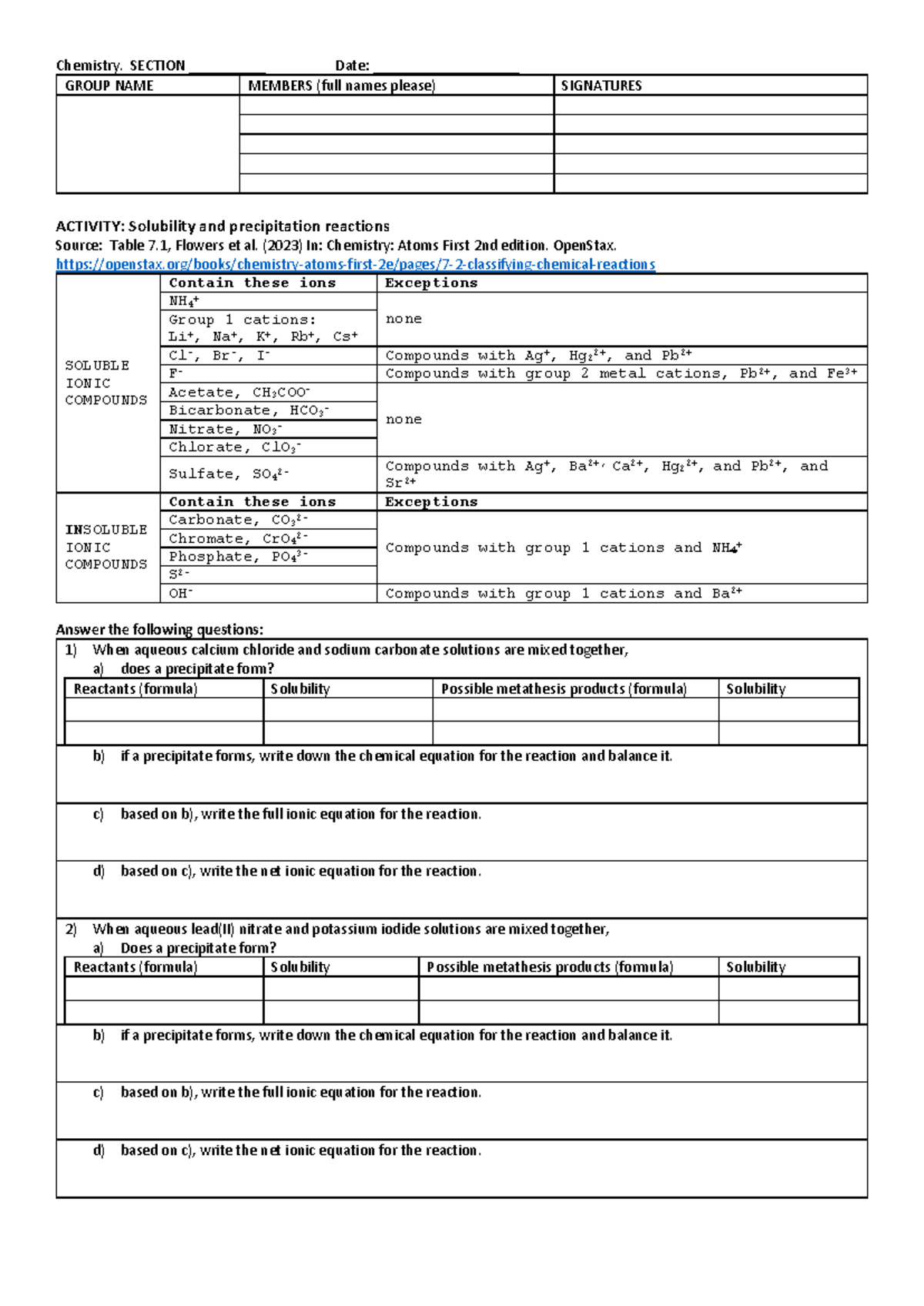 Chemistry Activity: Solubility & Precipitation Reactions - Studocu