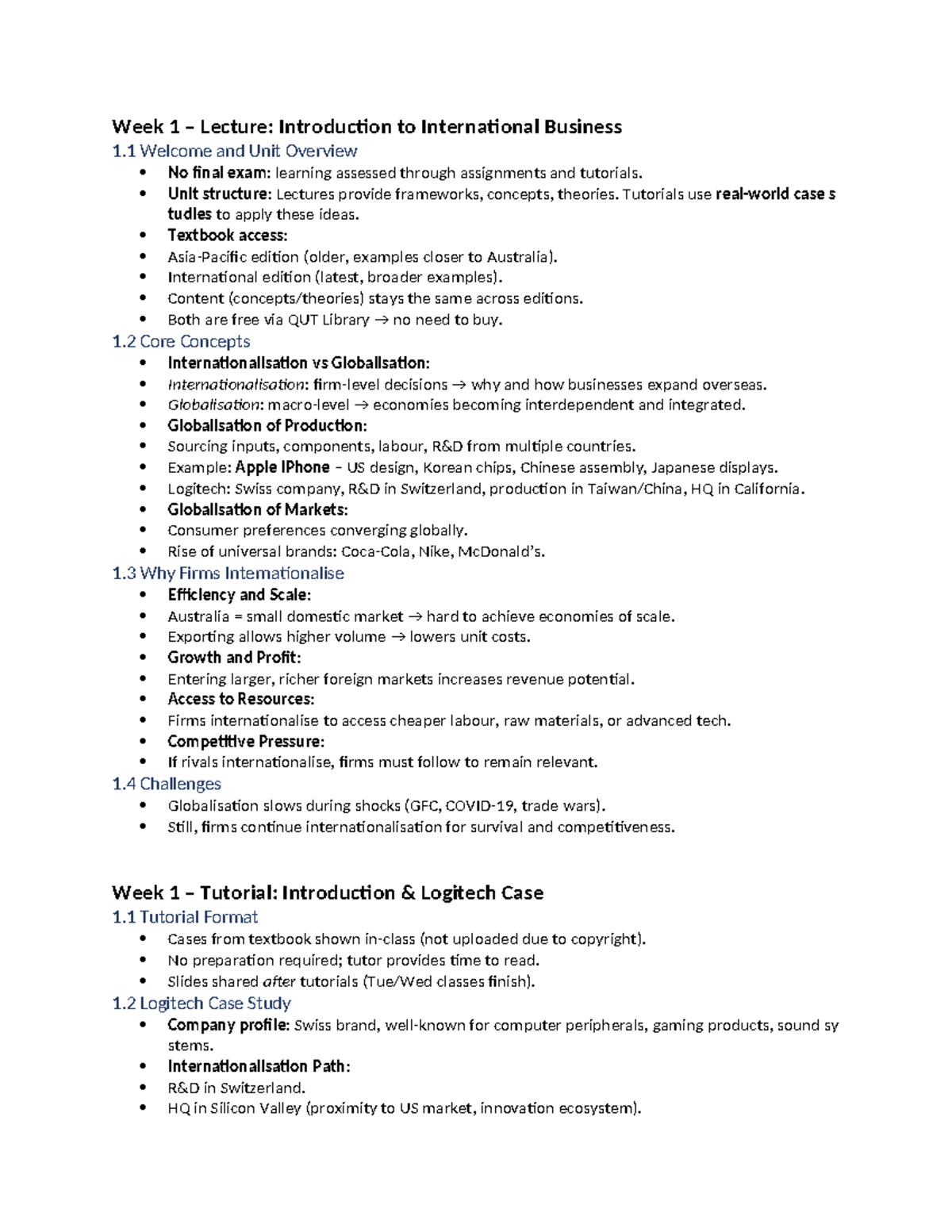 AMB110 Week 1 Lecture & Tutorial Notes: Intro to Int'l Business - Studocu