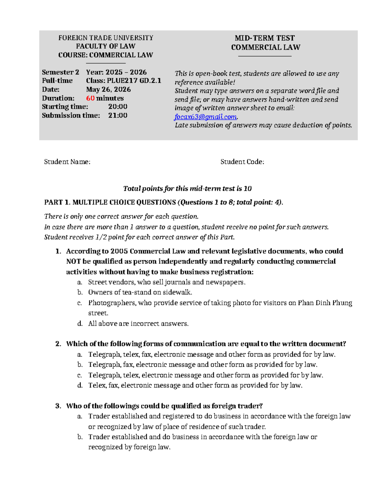 FTU MID-TERM TEST S2 2025-2026: COMMERCIAL LAW Exam Guide - Studocu