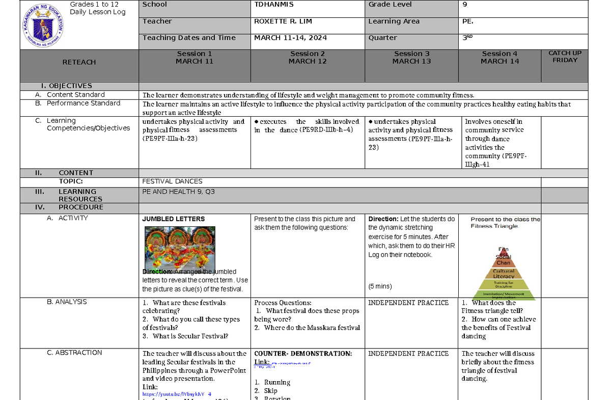 PHYSICAL EDUCATION DLL 9 QUARTER 3: FESTIVAL DANCES LESSON LOG - Studocu