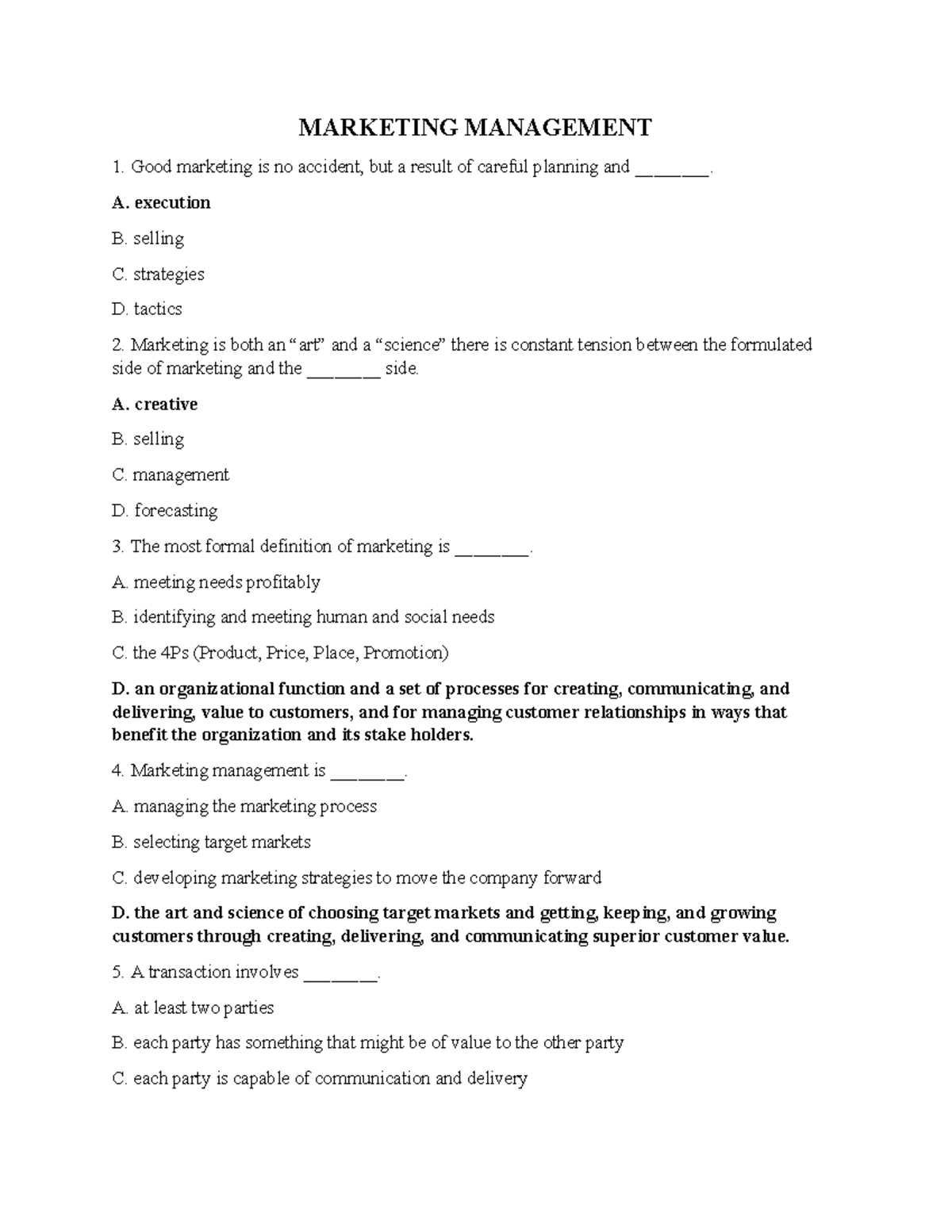 Marketing Management: Key Concepts and Definitions - Studocu