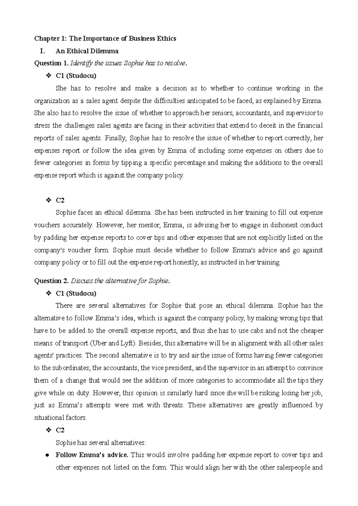 Business Ethics Cases: Ethical Dilemmas in Chapters 1-7 Analysis - Studocu