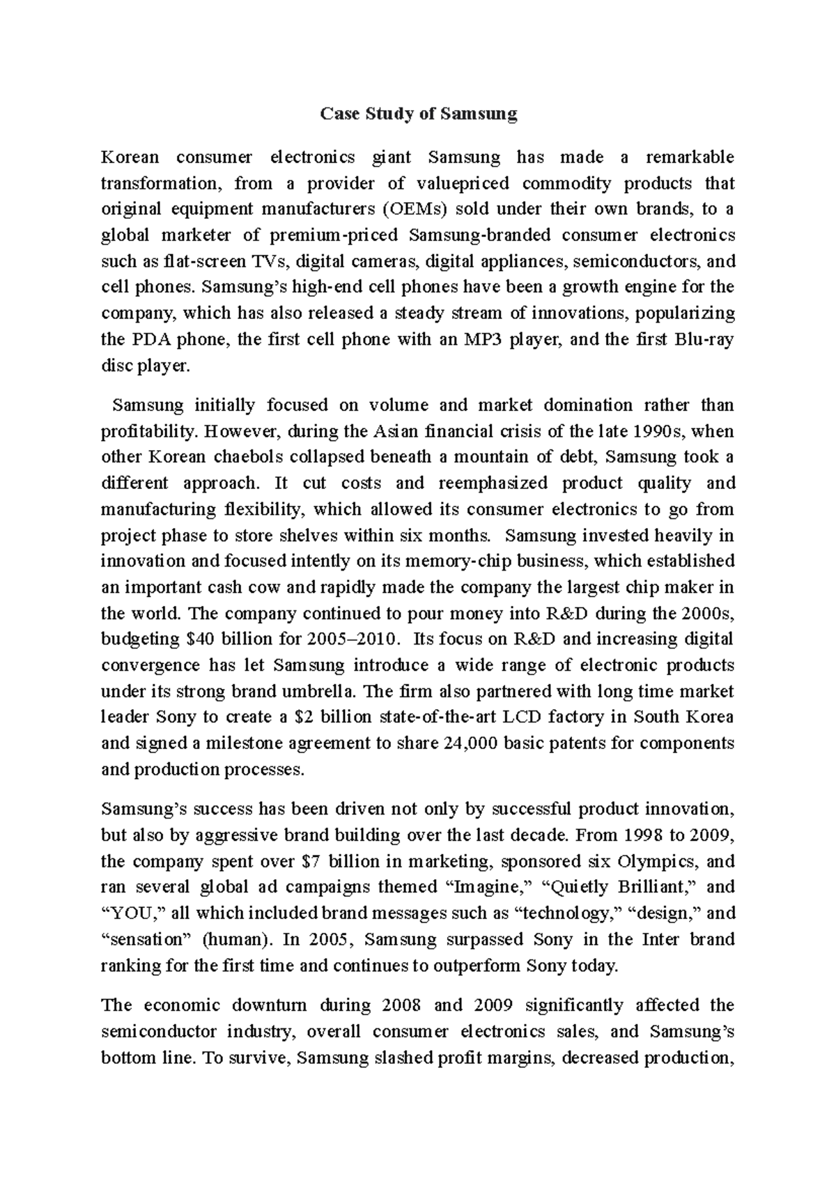Case Study of Samsung.docx edited - Case Study of Samsung Korean consumer electronics giant ...