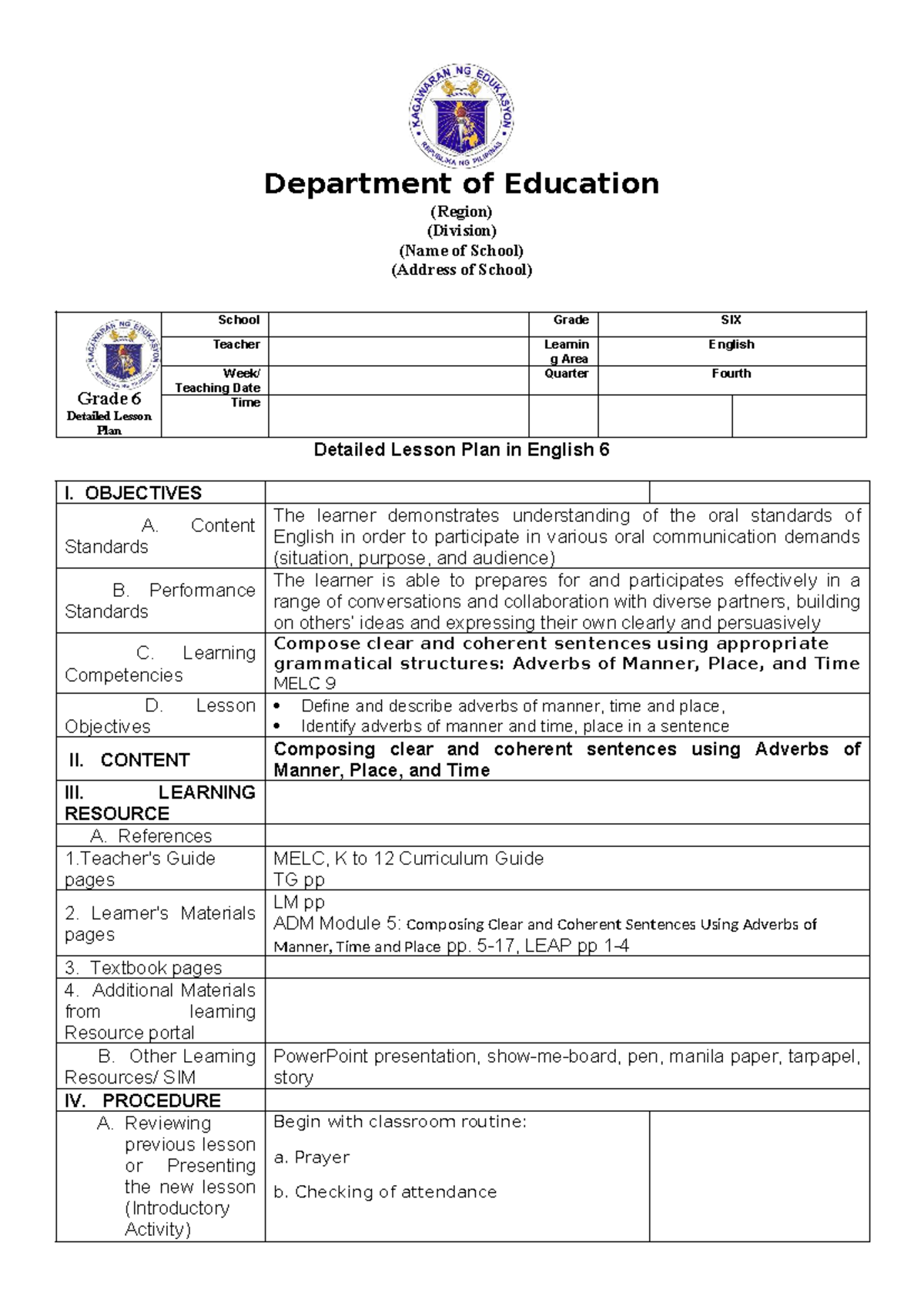 Grade 6 Detailed Lesson Plan: Adverbs of Manner, Time, and Place - Studocu