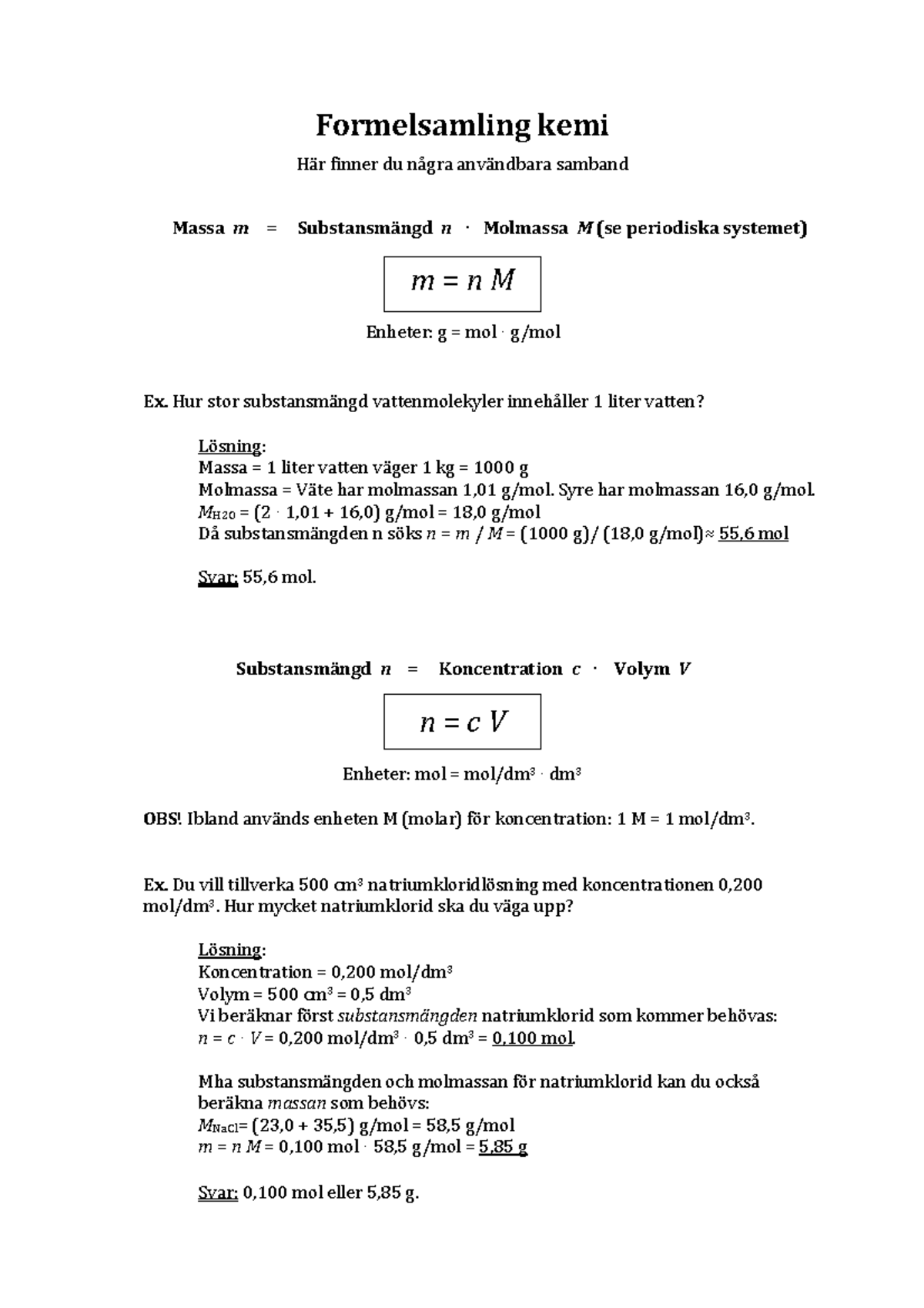 Kemiformler - Formelsamling för Kemi 101 - Studocu