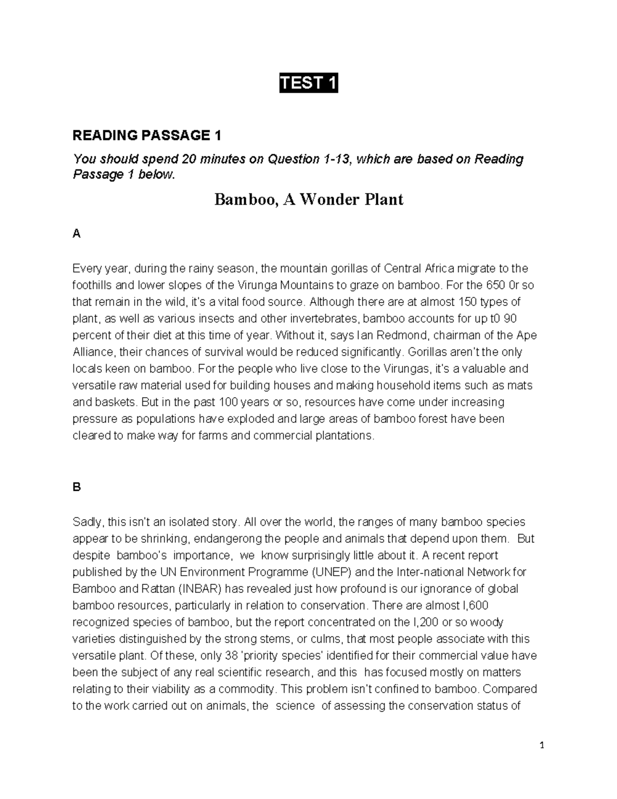 TEST 1 READING PASSAGE 1: Bamboo's Ecological and Economic Importance ...