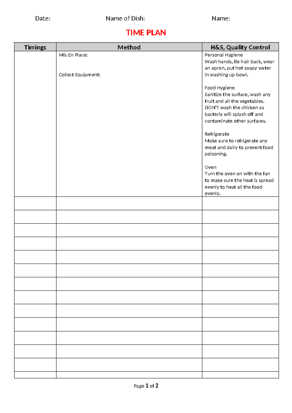 Time Plan Template for Cooking: Quality Control & Hygiene - Studocu