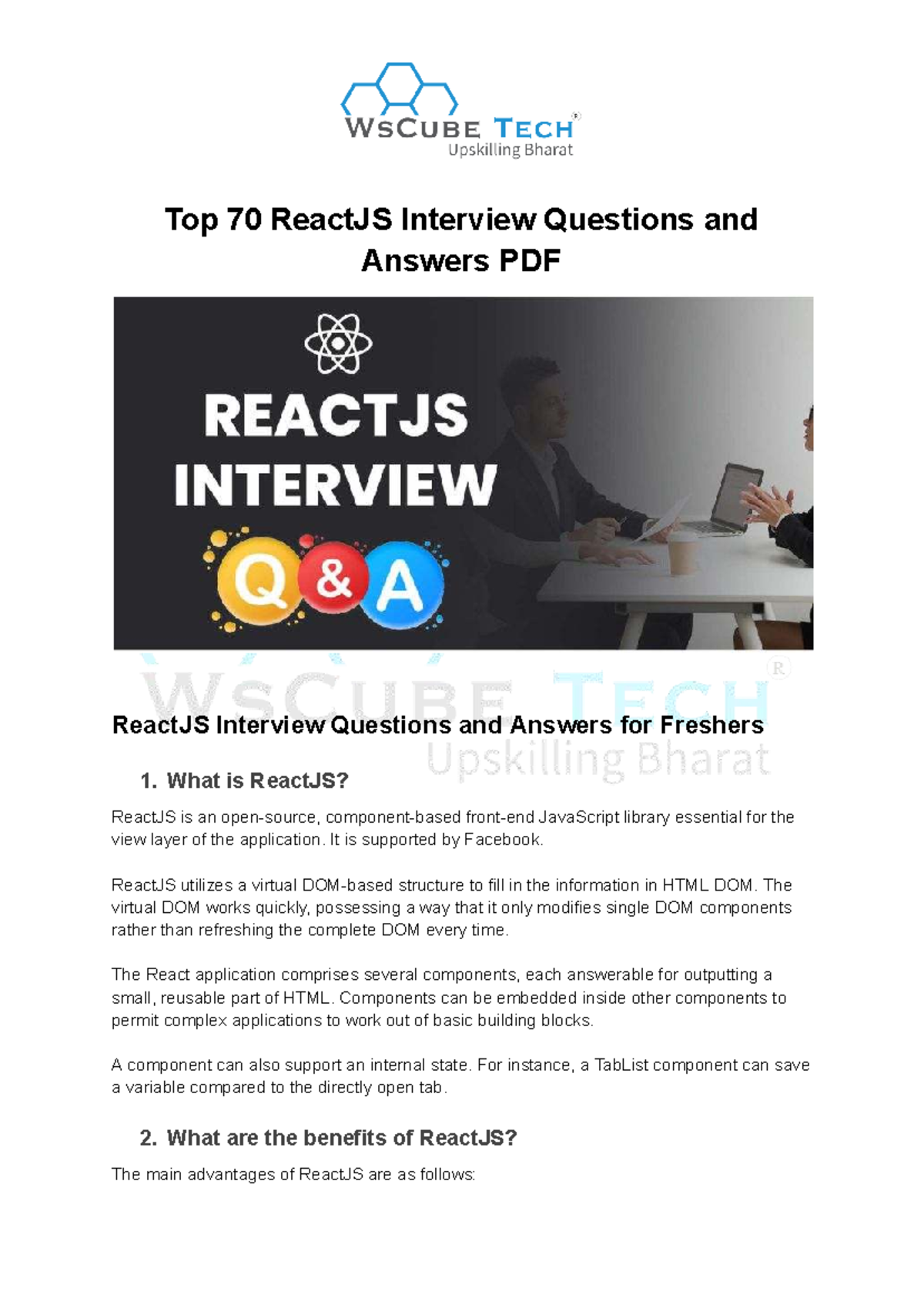 Top 70 Reactjs Interview Questions Answers For Freshers Pdf Guide