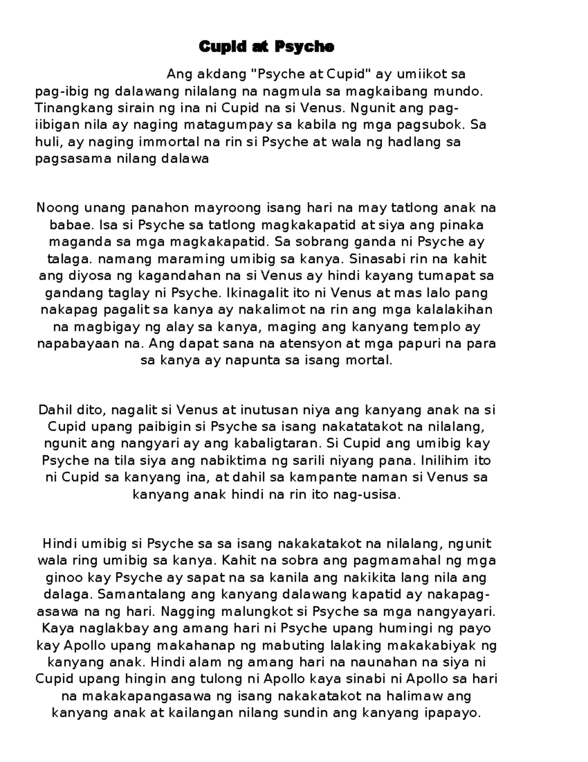 Cupid at Psyche: Pag-ibig sa Kabila ng Pagsubok at Sakripisyo - Studocu