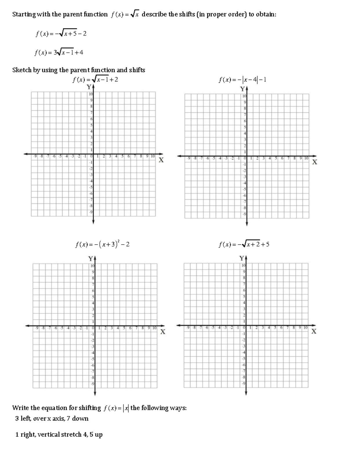 2.6 Extra Practice - MATH 126 - Starting with the parent function f ...