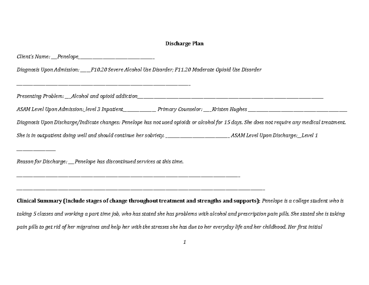 Hse351 discharge plan template - Discharge Plan Client’s Name: - Studocu