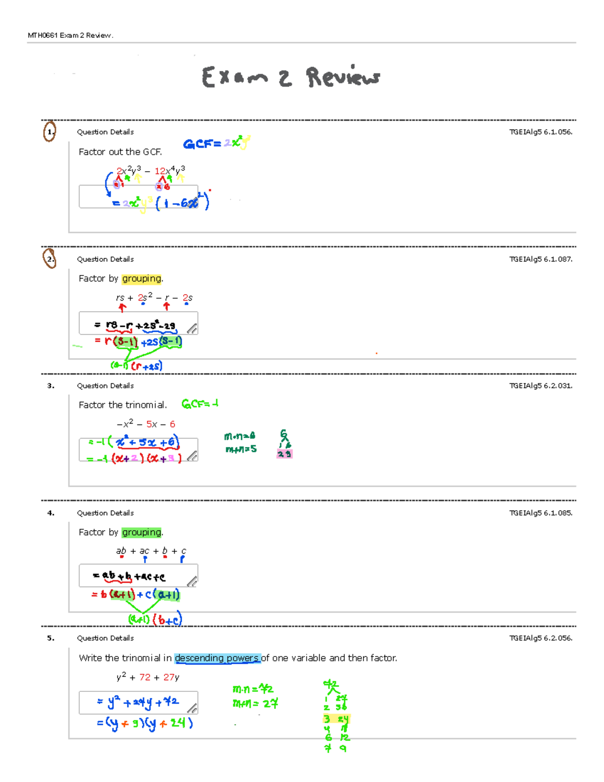 MTH0661 Final Exam 2 Review - Factor & Solve Problems - Studocu